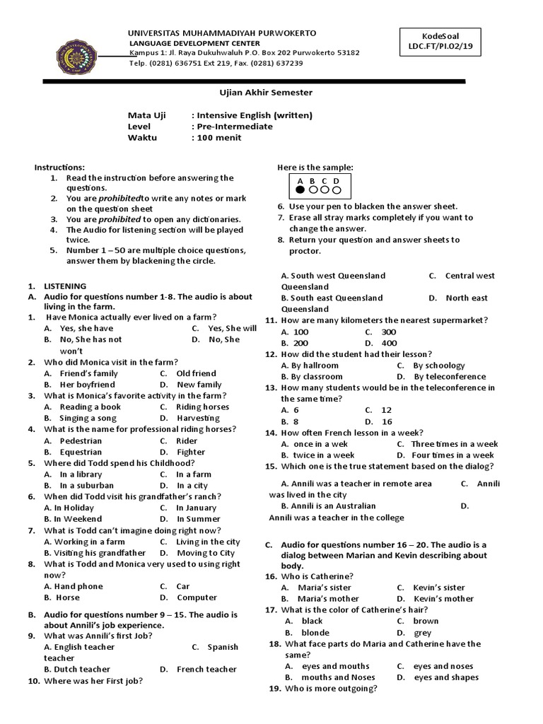 UAS Pre - Intermediate PAK YUDI+PAK TONI B Revised (CHECKED) | PDF ...