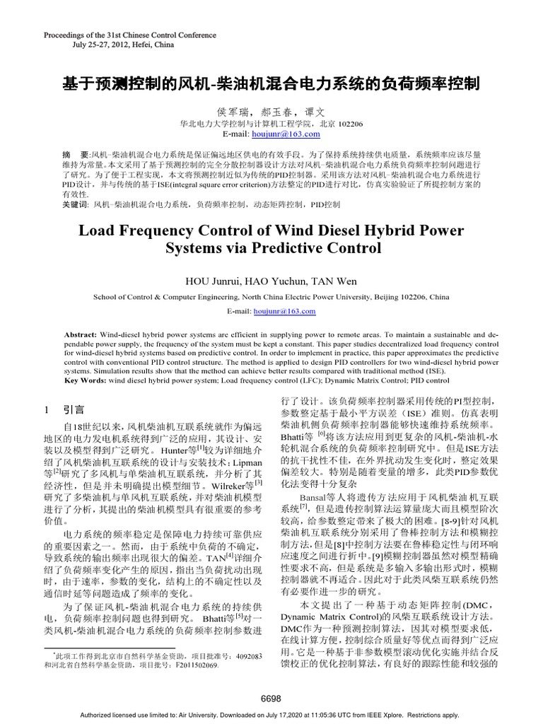 Load Frequency Control of Wind Diesel Hybrid Power Systems Via ...