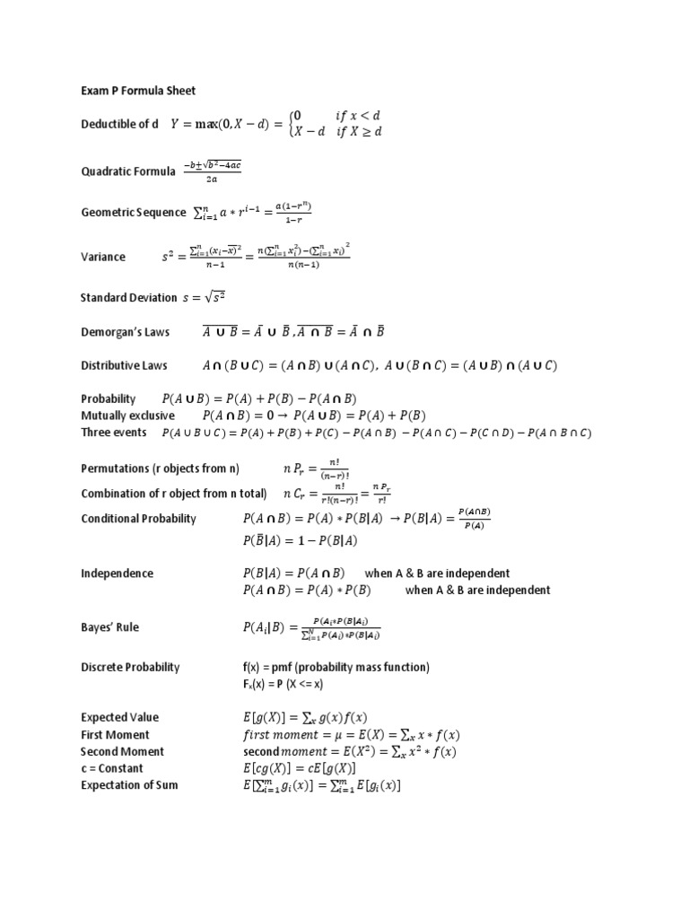 Exam P Probability Formula Sheet | PDF | Probability Distribution ...