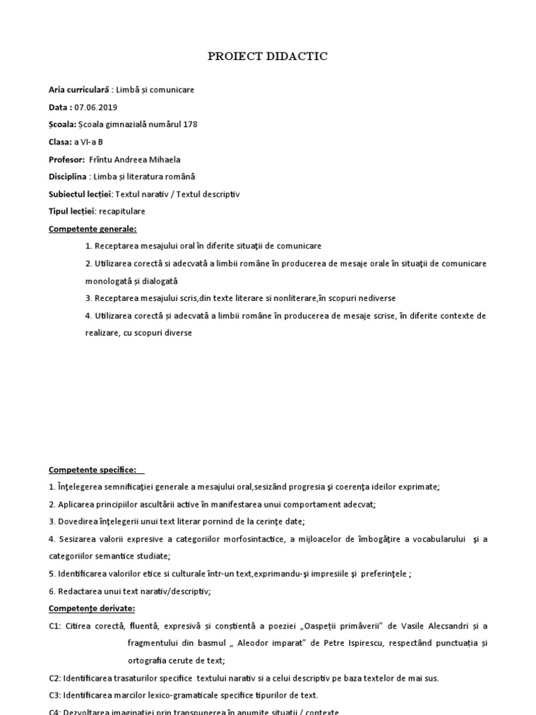 Proiect Didactic - Narativ Si Descriptiv | PDF