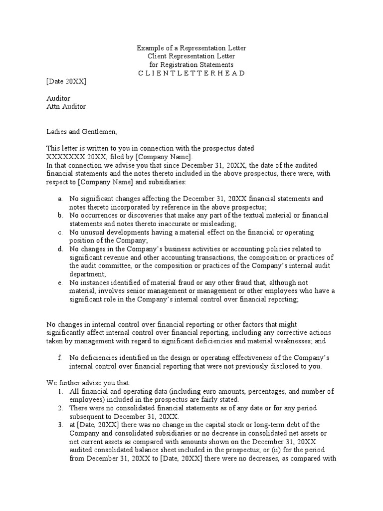 Client Representation Letter Sample | PDF | Internal Control ...