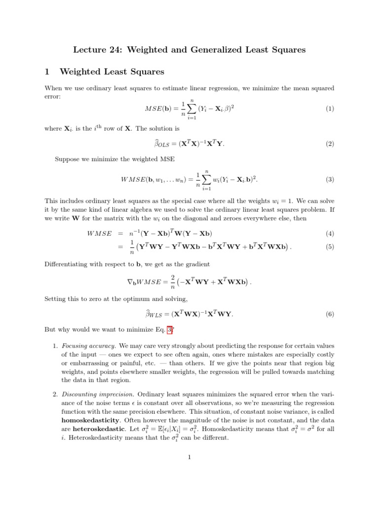 Lecture 24: Weighted and Generalized Least Squares 1 Weighted Least Squares | PDF | Ordinary ...