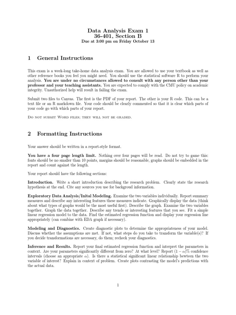 Data Analysis Exam 1 36-401, Section B | PDF | Regression Analysis ...