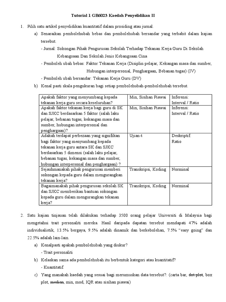 Jawapan Tutorial 1 GB6023 Kaedah Penyelidikan II | PDF