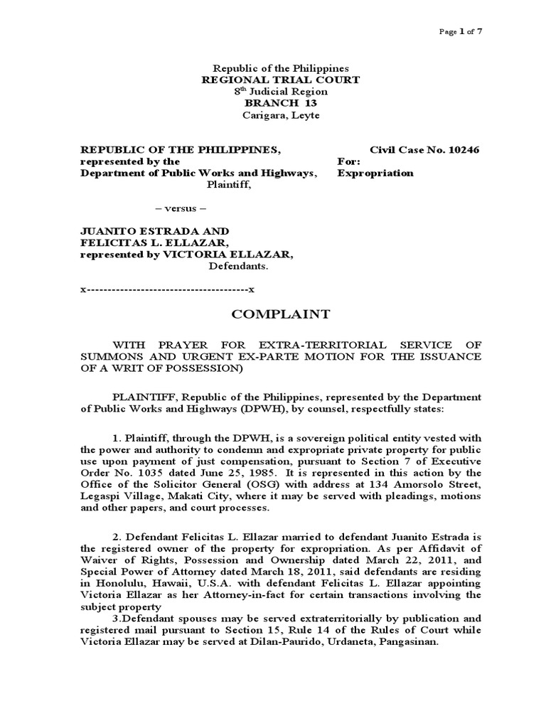 Expropriation Complaint for TPLEX Project | PDF | Eminent Domain | Writ