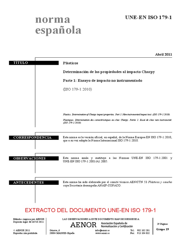 Une-En Iso 179-1 | PDF | Plástico reforzado con fibra | El plastico