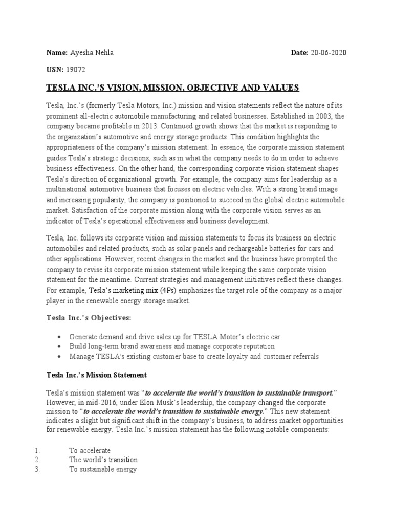 Tesla Inc.'S Vision, Mission, Objective and Values | PDF | Electric Car ...