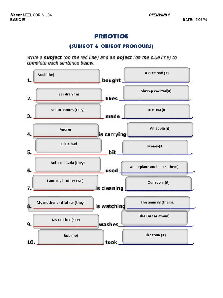 Subject & Object Pronouns Practice | PDF