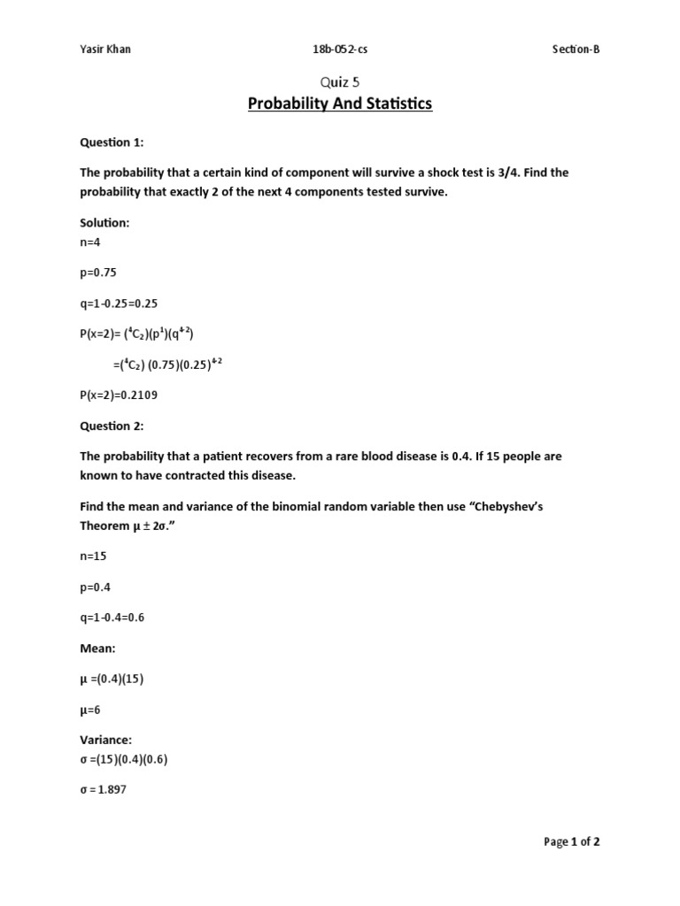 Probability and Statistics Quiz 5 | PDF
