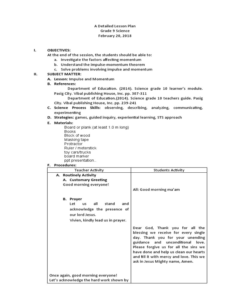 A Detailed Lesson Plan | PDF | Momentum | Velocity