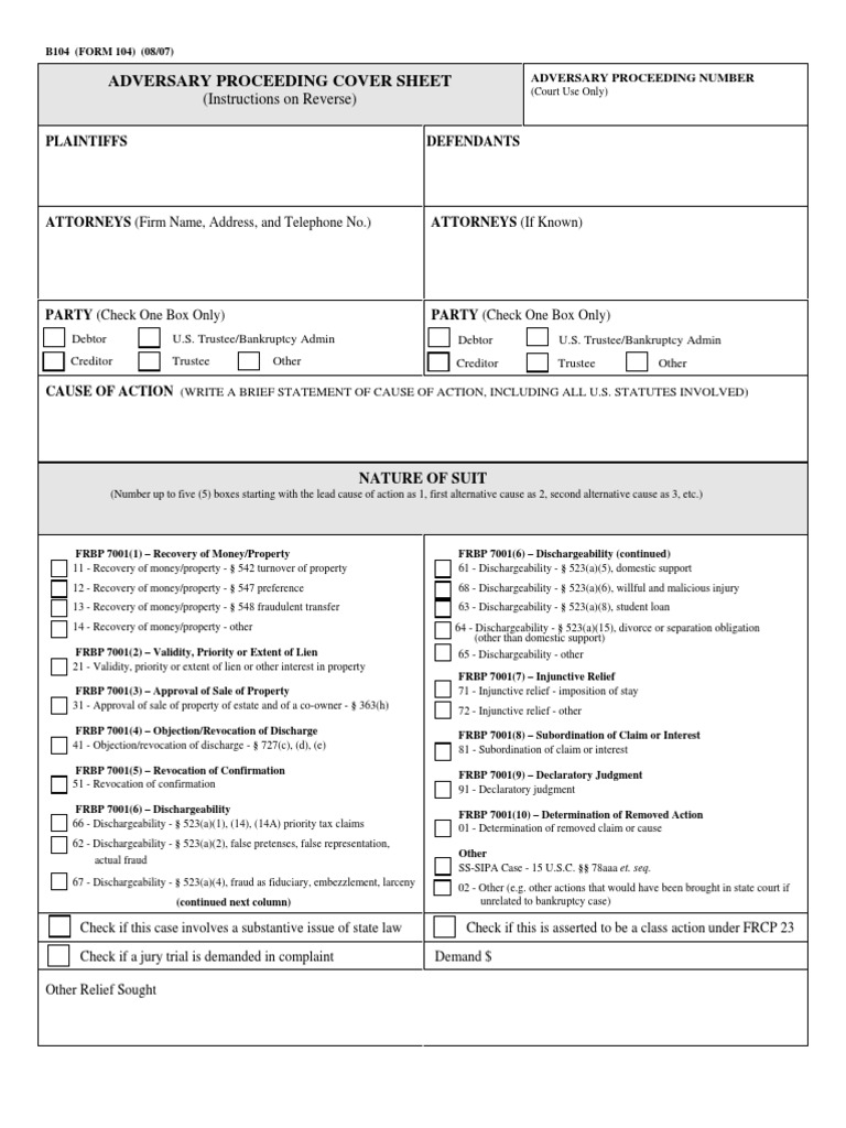 Adversary Cover Sheet | Bankruptcy | Cm/Ecf