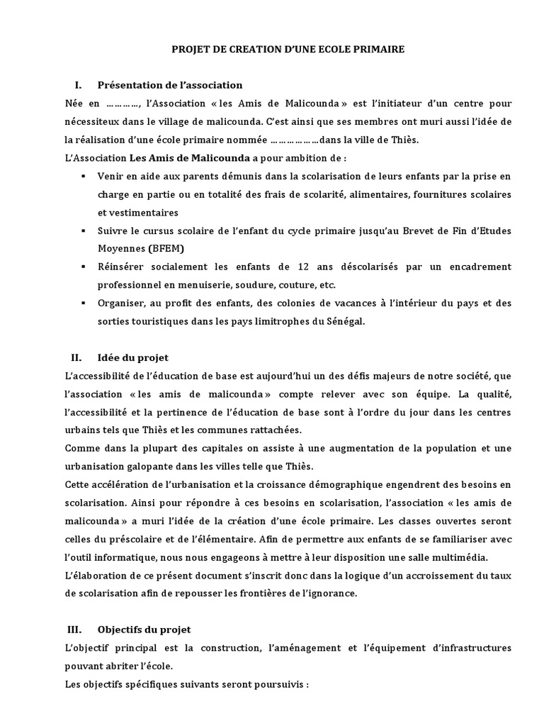 Projet de création d'une école primaire | PDF | Écoles | Enseignement ...