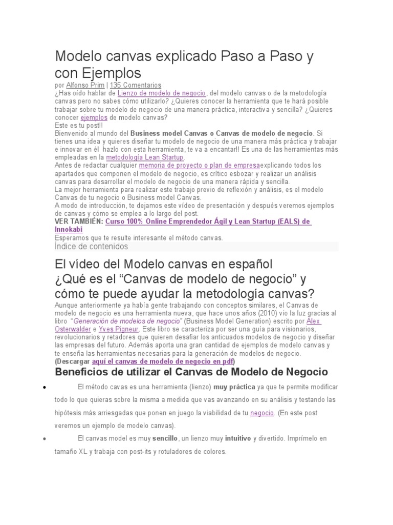 Modelo Canvas Explicado Paso A Paso y Con Ejemplos | PDF | Lean Startup | Modelo de negocio