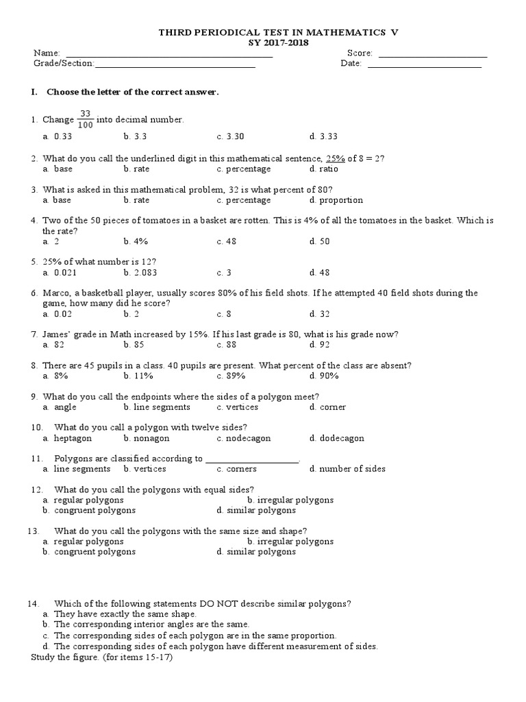 Grade 5 Math Third Periodical Test | PDF | Polygon | Circle