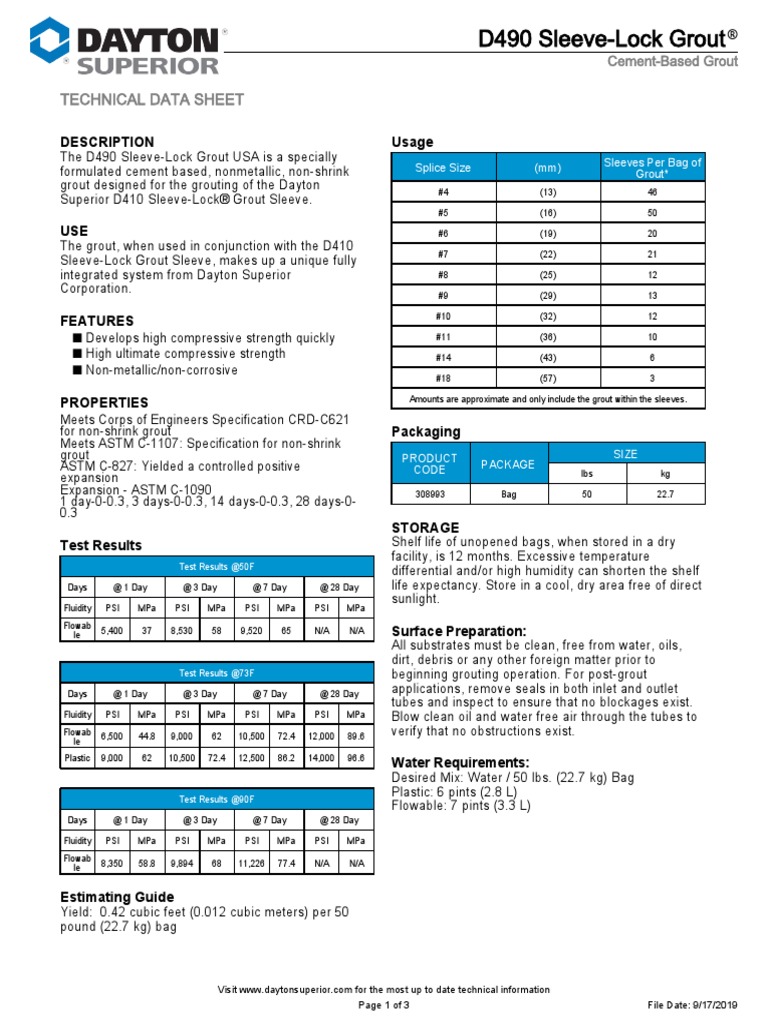 D490 Sleeve-Lock Grout: Technical Data Sheet | PDF | Punitive Damages ...