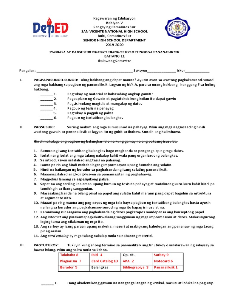 Final Exam Grade 11 Pagbasa at Pagsusuri | PDF