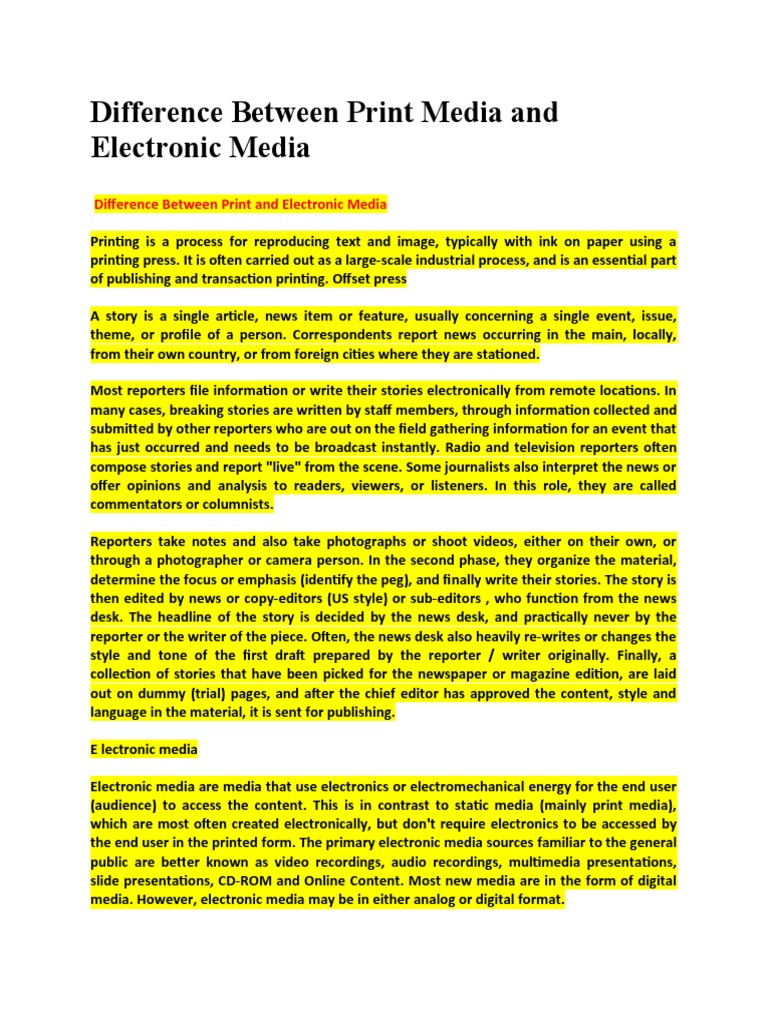 Difference Between Print Media and Electronic Media | PDF | News Media ...