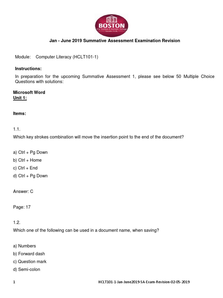 Computer Literacy-1-Exam Scope Revision Question - 02052019 | PDF ...