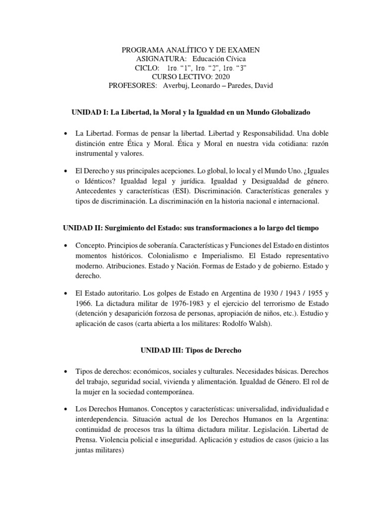 Programa 2020 Educacion Civica 1er Año Cens 42 | PDF | Igualdad de ...