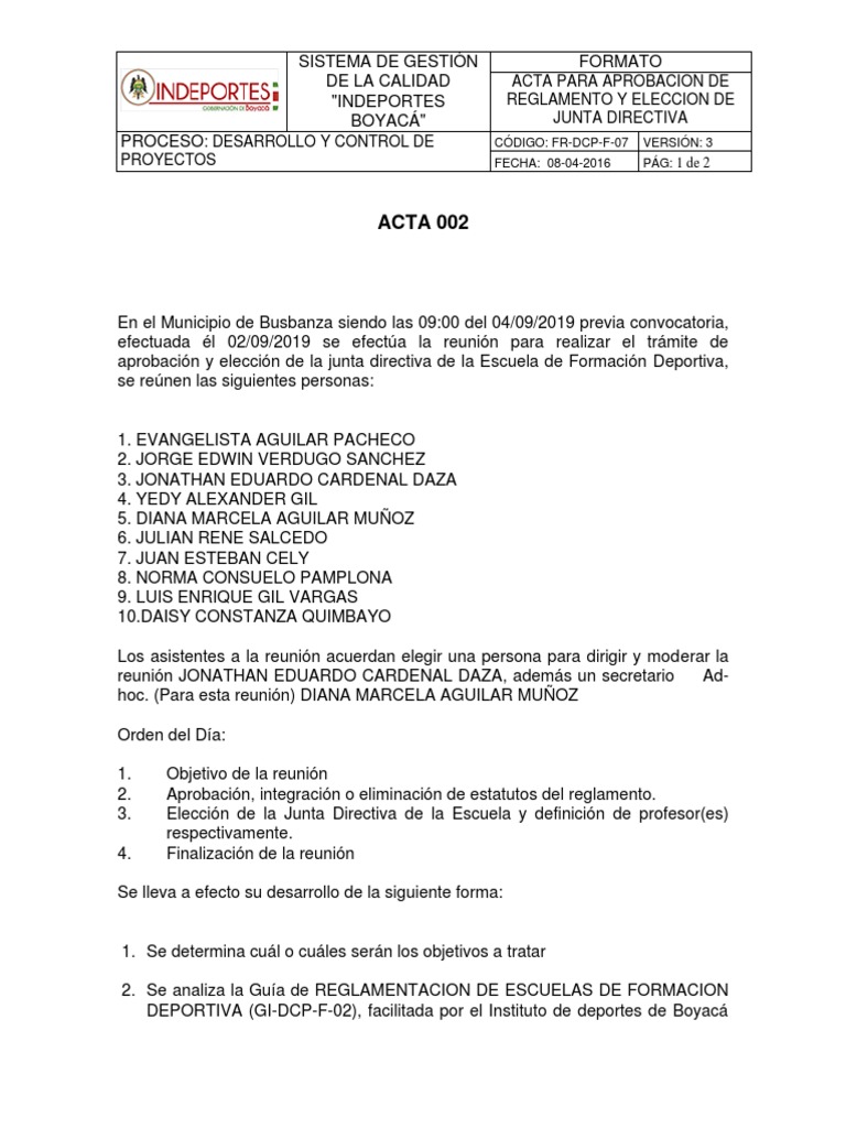 FR-DCP-F-07 Acta de Aprobacion de Reglamento y Eleccion de Junta Directiva. | PDF | Gobierno