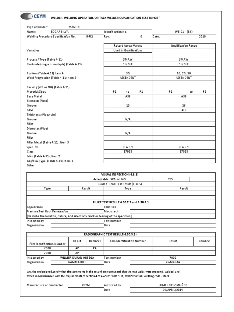 Welder, Welding Operator, or Tack Welder Qualification Test Report ...