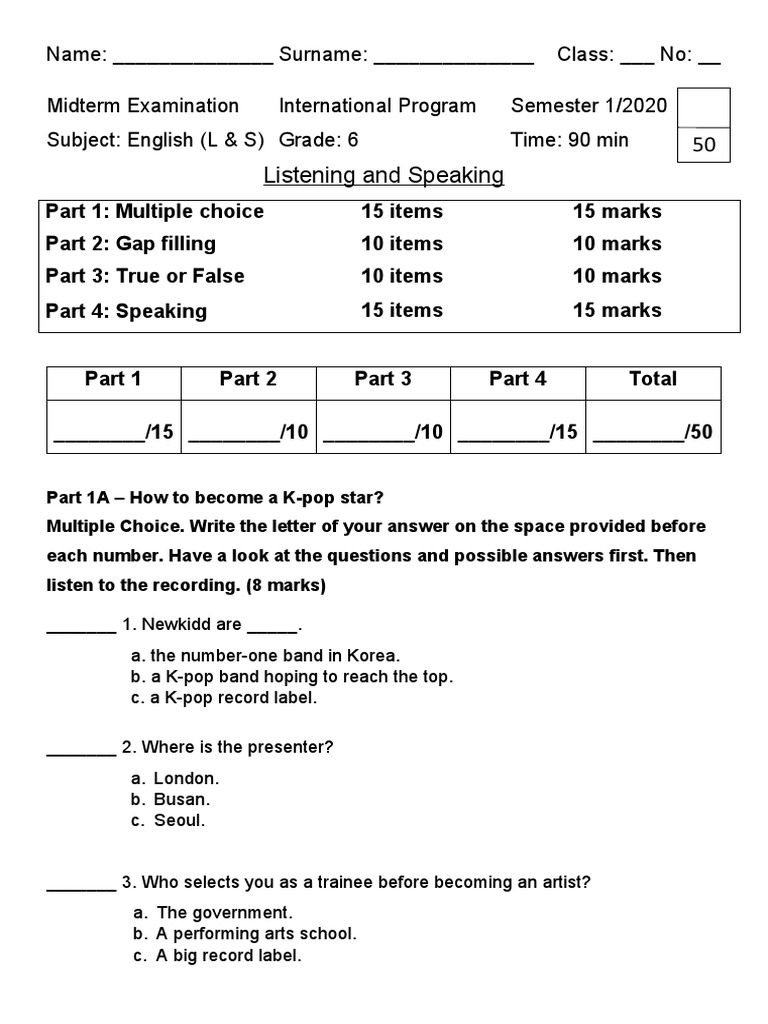 Listening and Speaking Test Grade 6 - Lorenz Yvan Bertrand 60503641124 ...