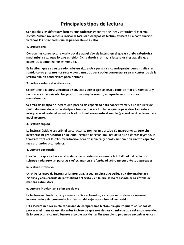 Tipos de lectura: involuntaria y más | PDF | Comprensión lectora ...