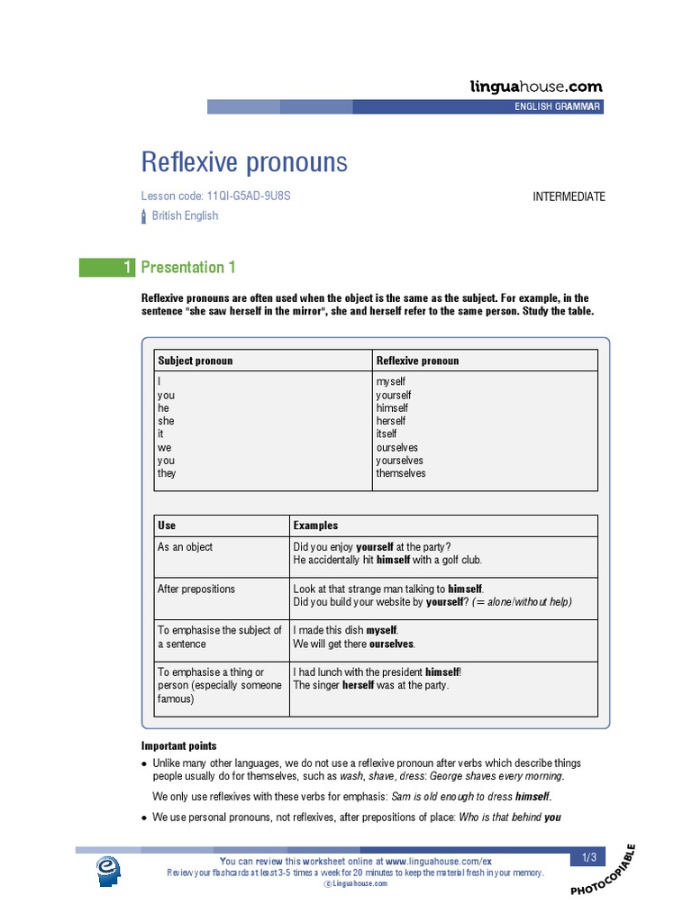 Reflexive-Pronouns - B2 PDF | PDF | English Grammar | Pronoun