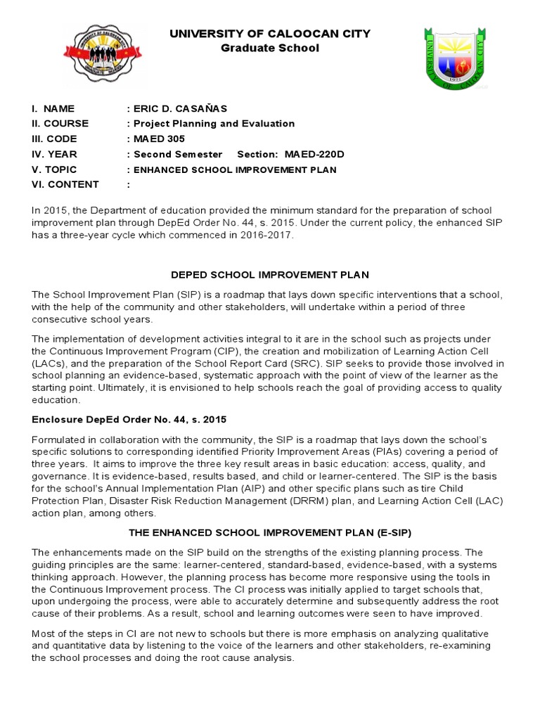 E Sip Deped School Improvement Plan Pdf Risk Management Evidence