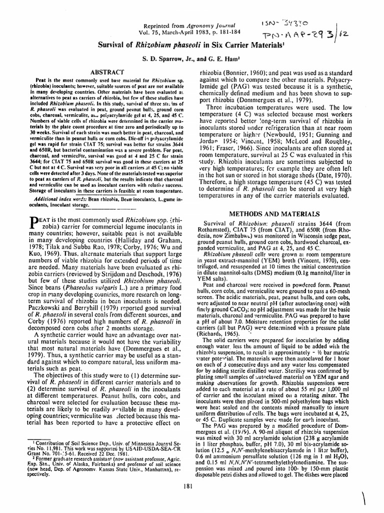 Survival of Rhizobium Phaseoli in Six Carrier Materials | PDF | Soil ...
