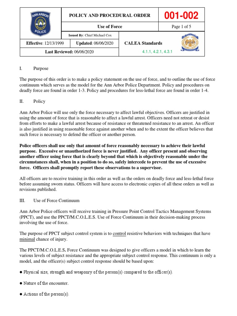 Ann Arbor Use of Force Policy | PDF | Use Of Force | Deadly Force