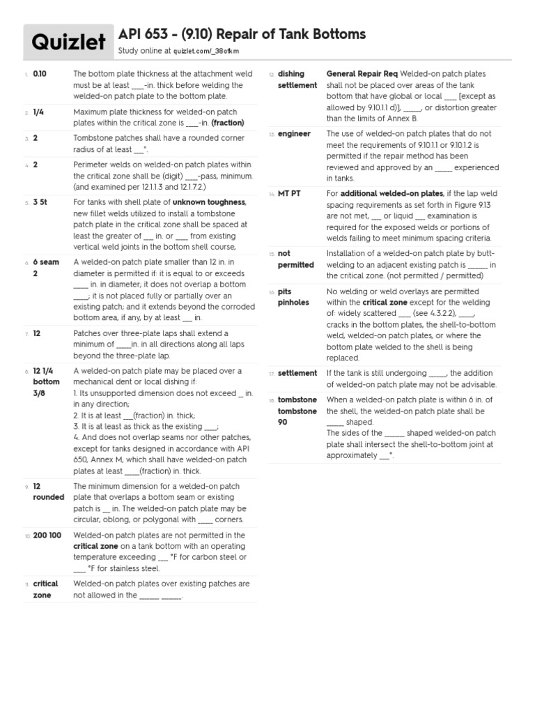 API 653 - (9.10) Repair of Tank Bottoms PDF | PDF | Welding | Construction