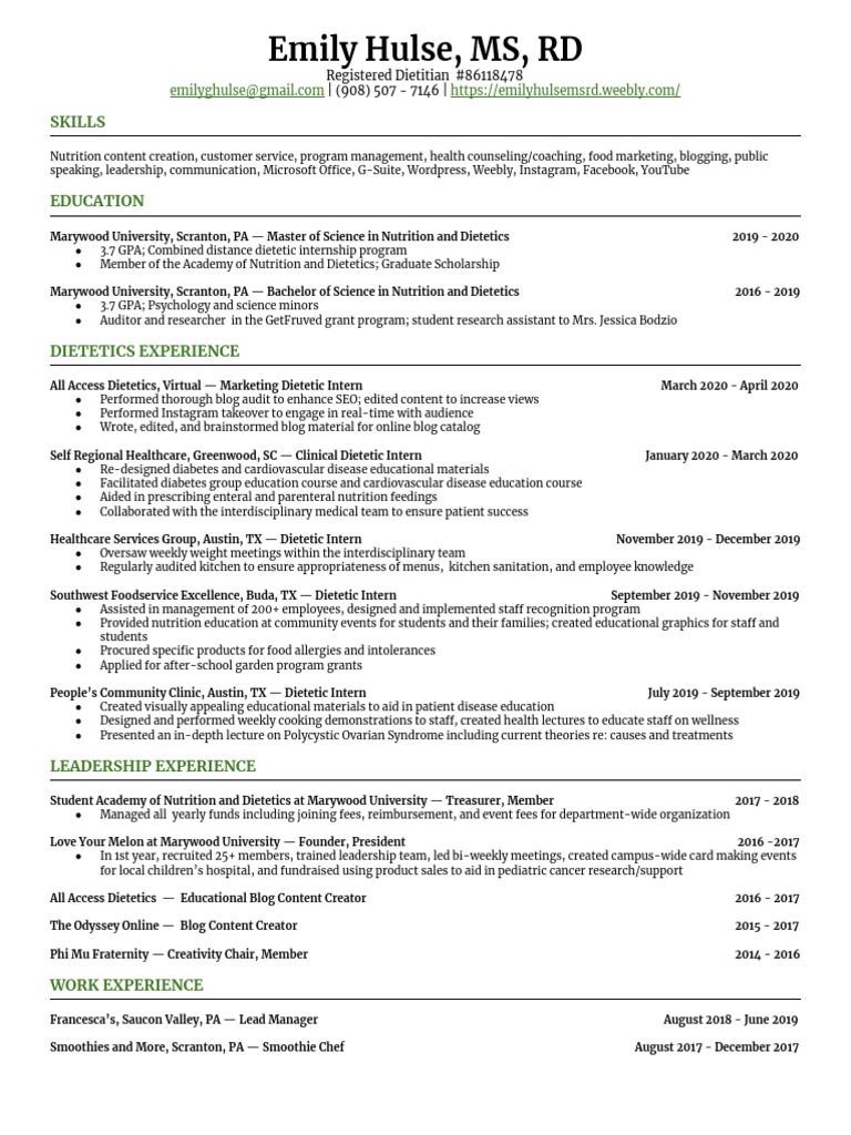 Emily G Hulse Resume | PDF | Dietitian | Health Sciences