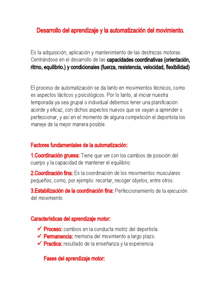 Automatización del Movimiento en el Aprendizaje Motor | PDF ...