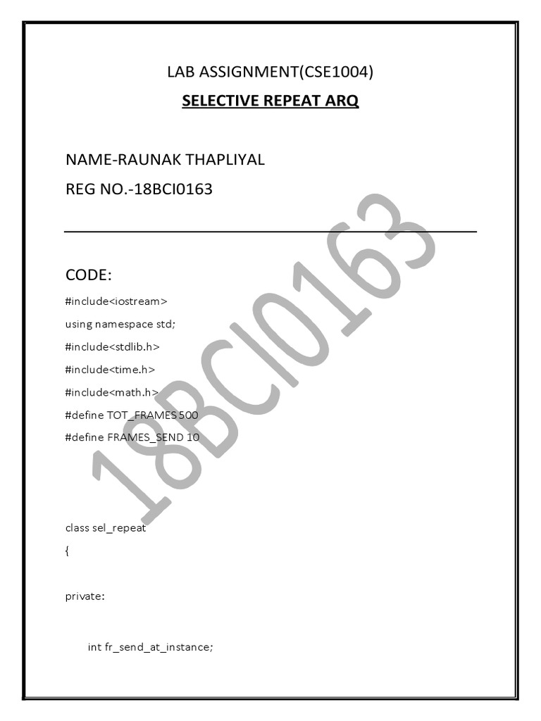 Lab Assignment (Cse1004) : Selective Repeat Arq | PDF | Computer Programming | Software Engineering