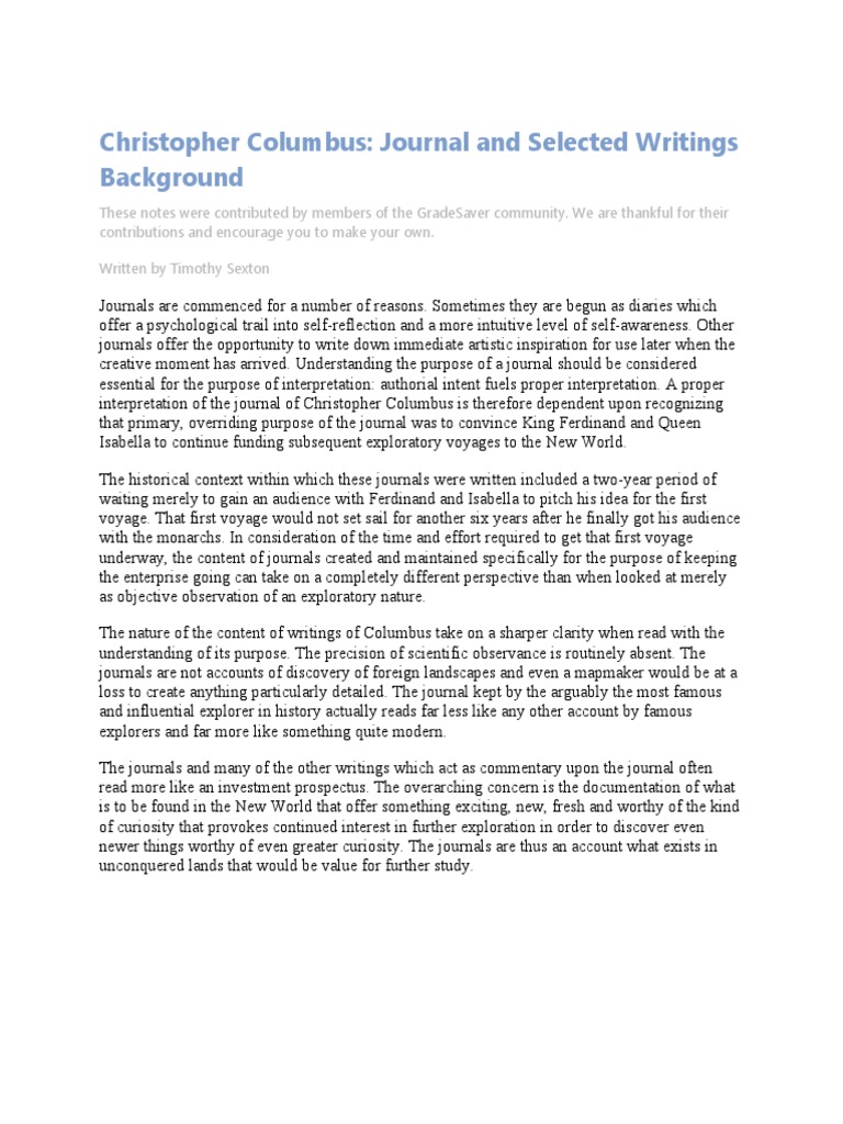 Christopher Columbus: Journal and Selected Writings Background | PDF ...