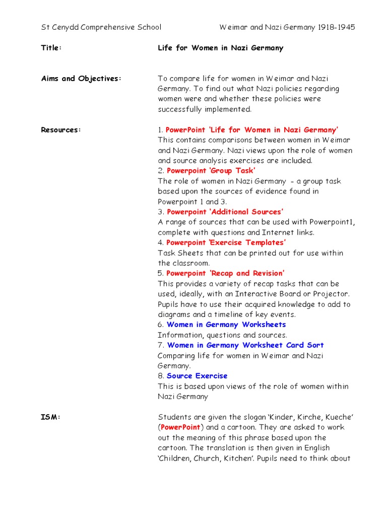 Women in Nazi Germany: A Comparative Study | PDF | Worksheet | Lesson Plan