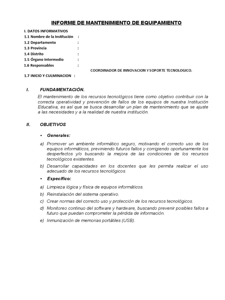 Informe De Mantenimiento Tecnológico Pdf Hardware De La Computadora