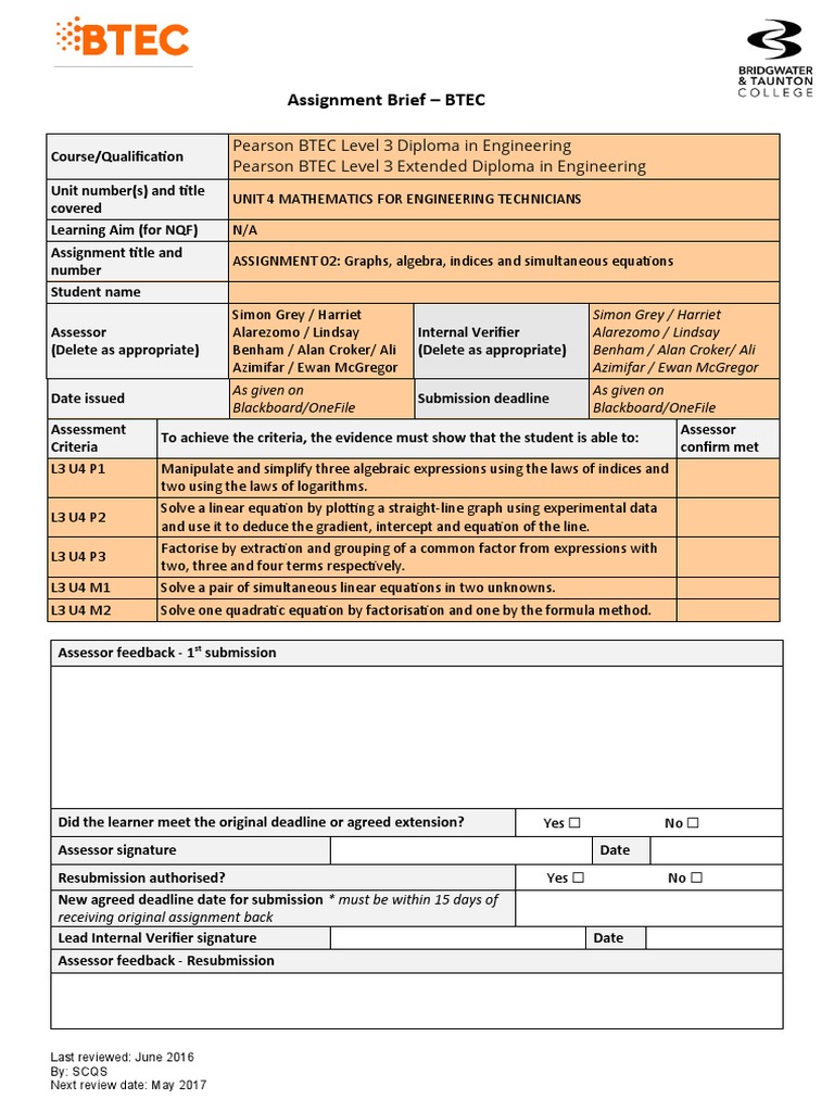 Assignment Brief - BTEC: Pearson BTEC Level 3 Diploma in Engineering ...