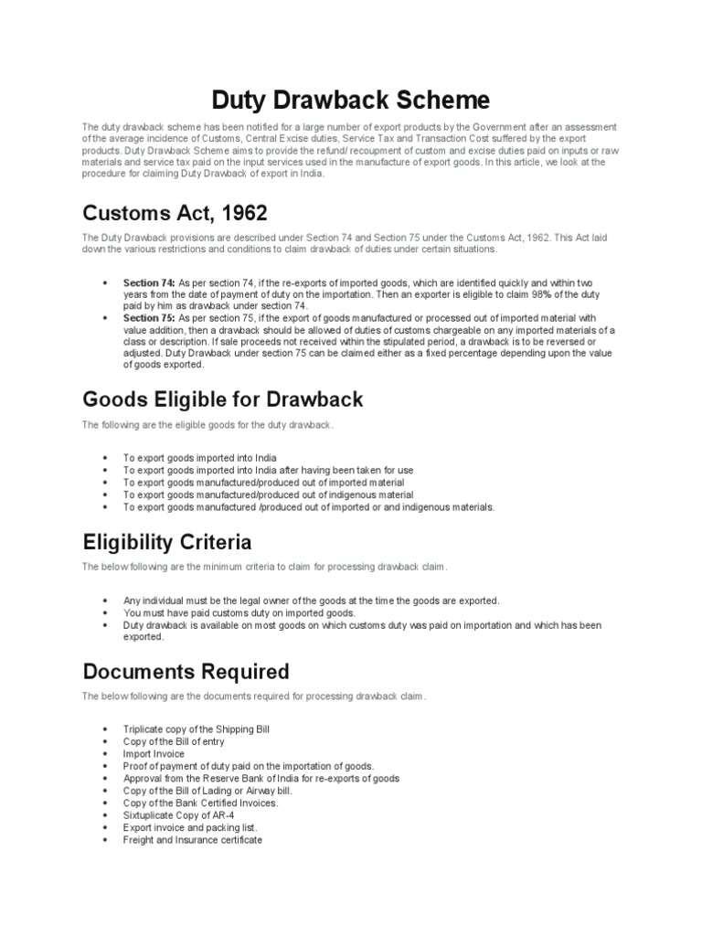 Duty Drawback Scheme: Customs Act, 1962 | Download Free PDF | Excise ...