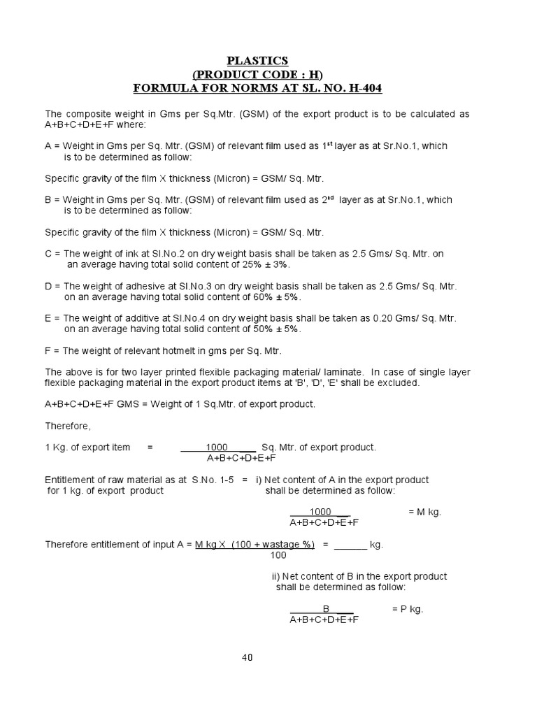 Formula For Plastic Products | PDF | Lamination | Weight