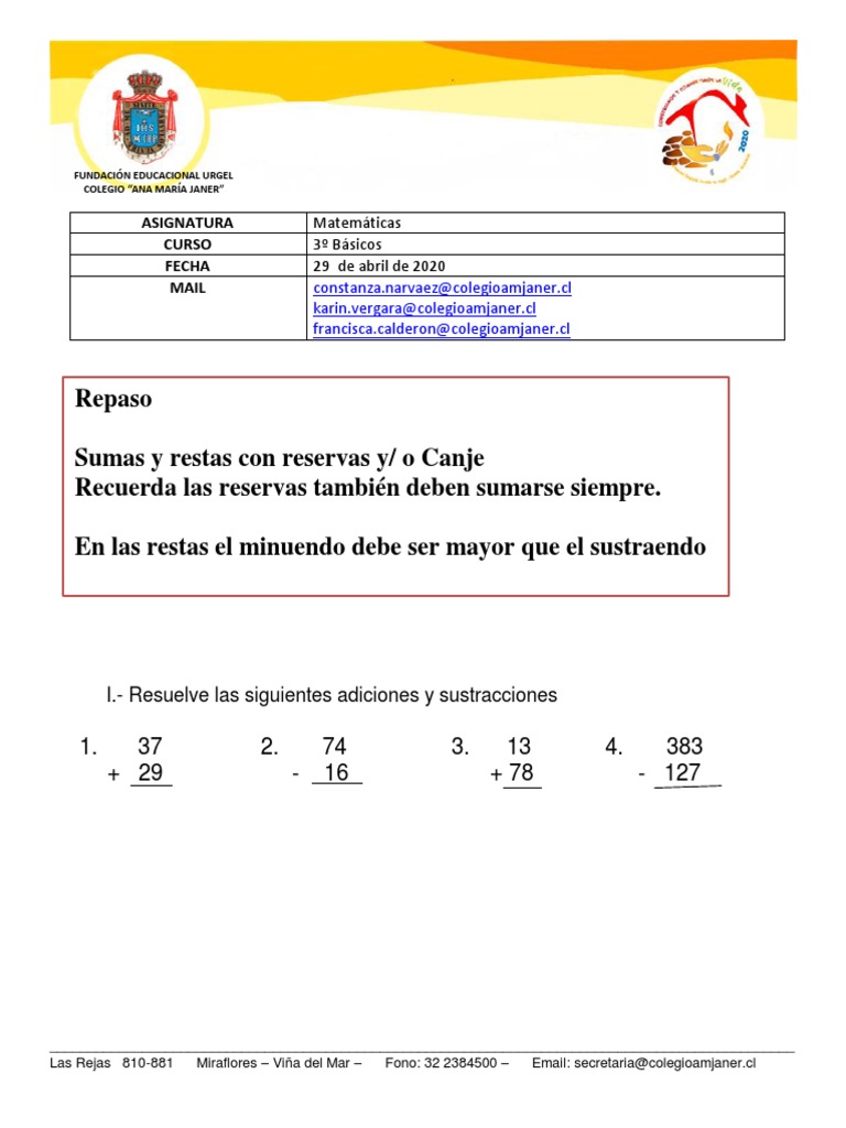 3° Básico - Matemática - Guía Adición y Sustracción | PDF