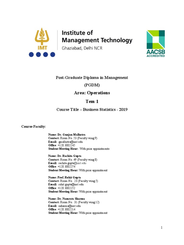 Business Statistics Course Outline For Post Graduate Diploma In