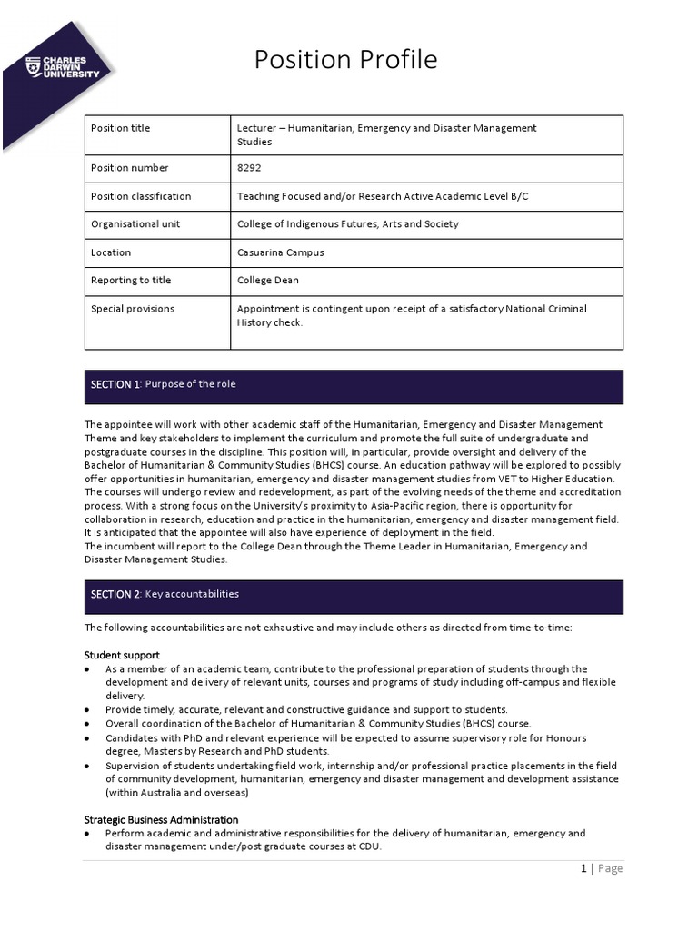 Position Profile: SECTION 1: Purpose of The Role | PDF | Emergency ...