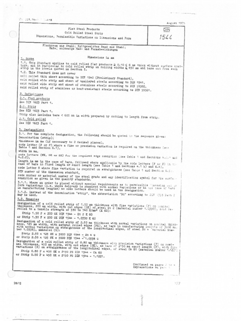 DIN 1544 - (1975-08) - (Flat Steel-Cold Roll-Strip - Dimensions ...