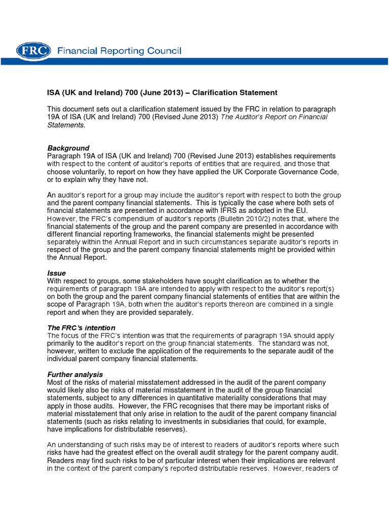 ISA (UK and Ireland) 700 (June 2013) - Clarification Statement | PDF ...