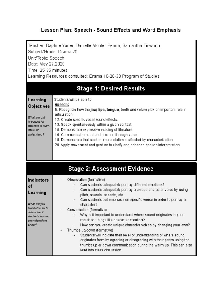 Drama Lesson Plan - Project 1 | PDF | Speech | Human Voice