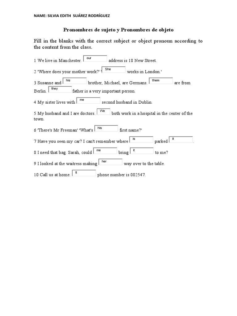 Fill in The Blanks With The Correct Subject or Object Pronoun According ...