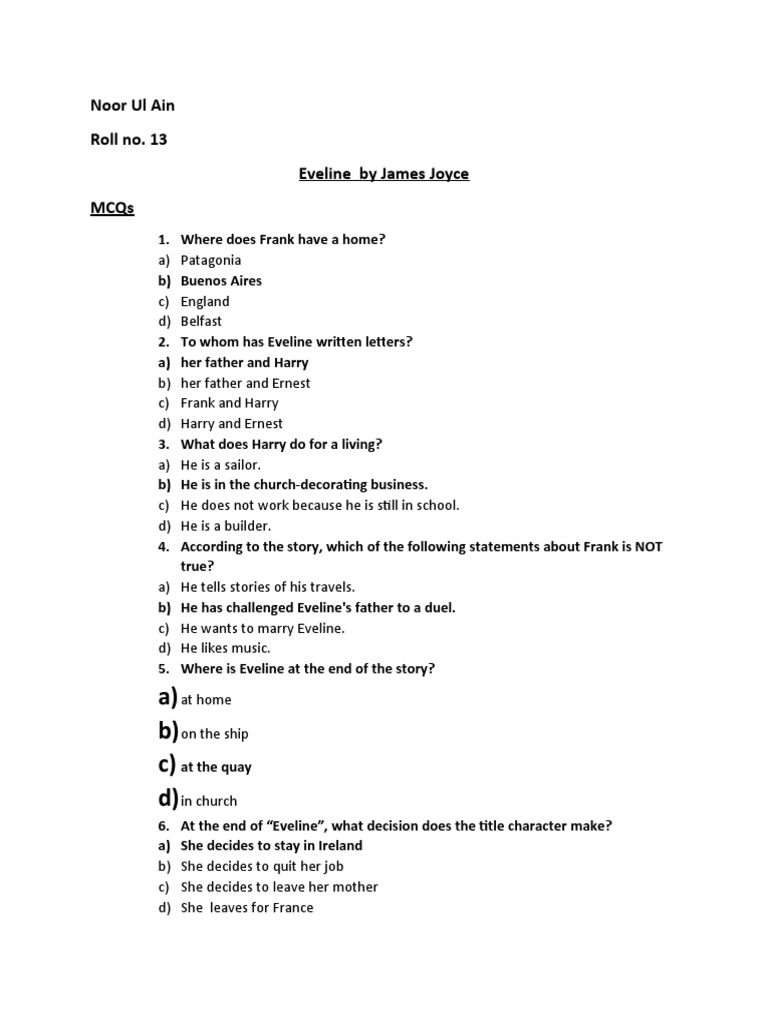 4 Eveline by James Joyce MCQs and Short Questions | PDF