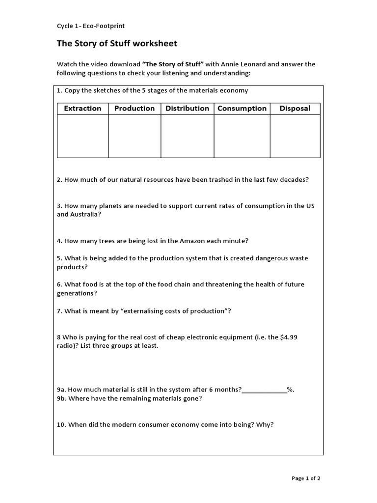 The Story of Stuff Worksheet: Extraction Production Distribution ...